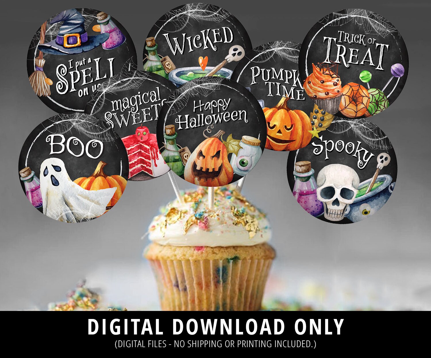 Halloween Cupcake Toppers Halloween Watercolor Decor | Etsy