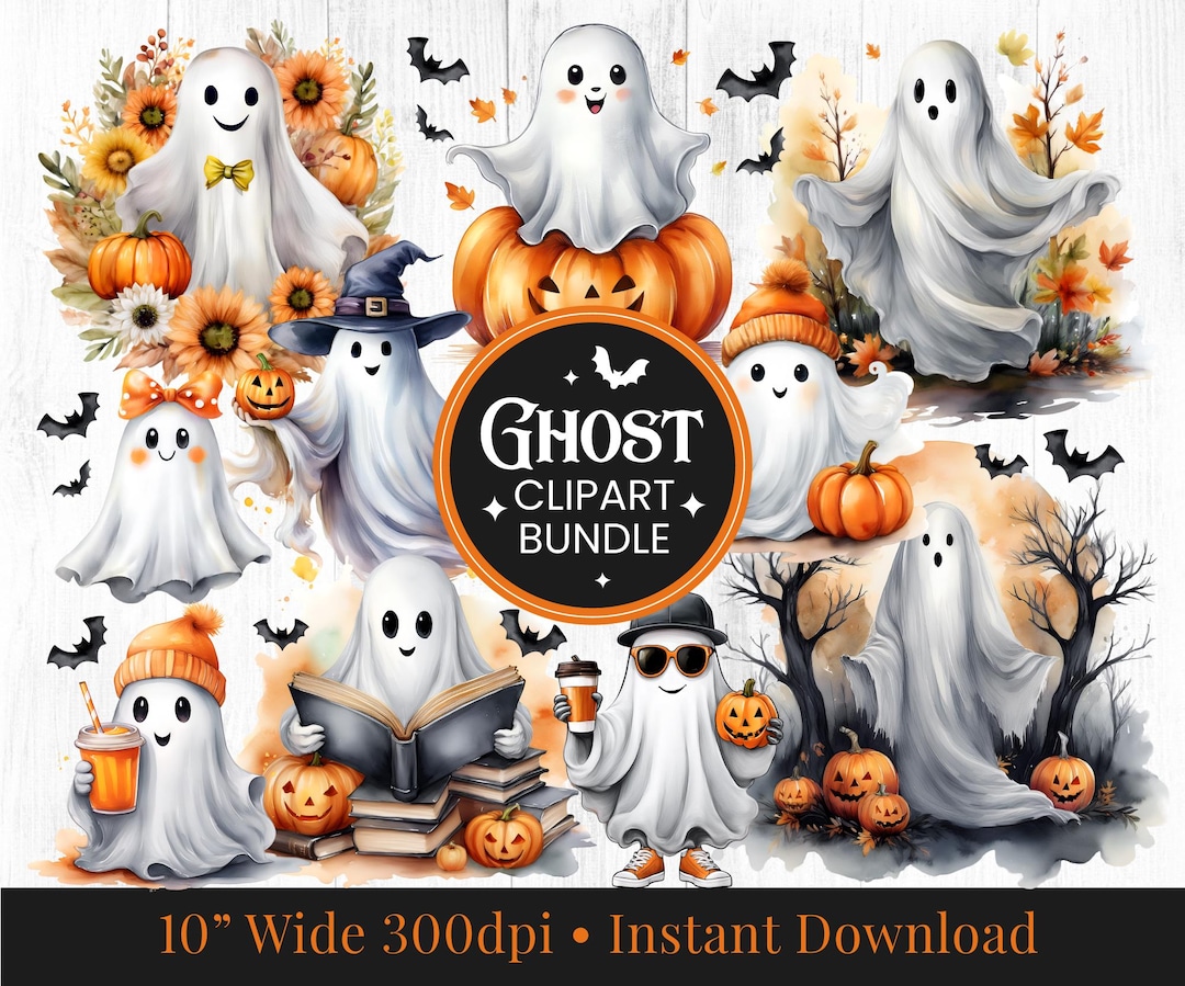 Ghost Clipart Bundle, Cute Watercolor Halloween Ghosts, Coffee Ghost ...