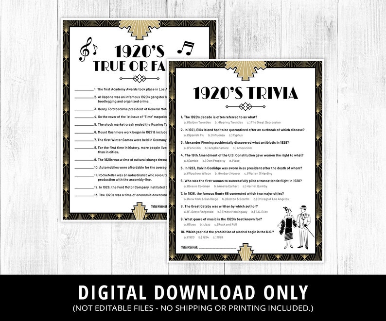 1920s Games Bundle Printable, 1920s Trivia, 1920s Activities, 1920s ...
