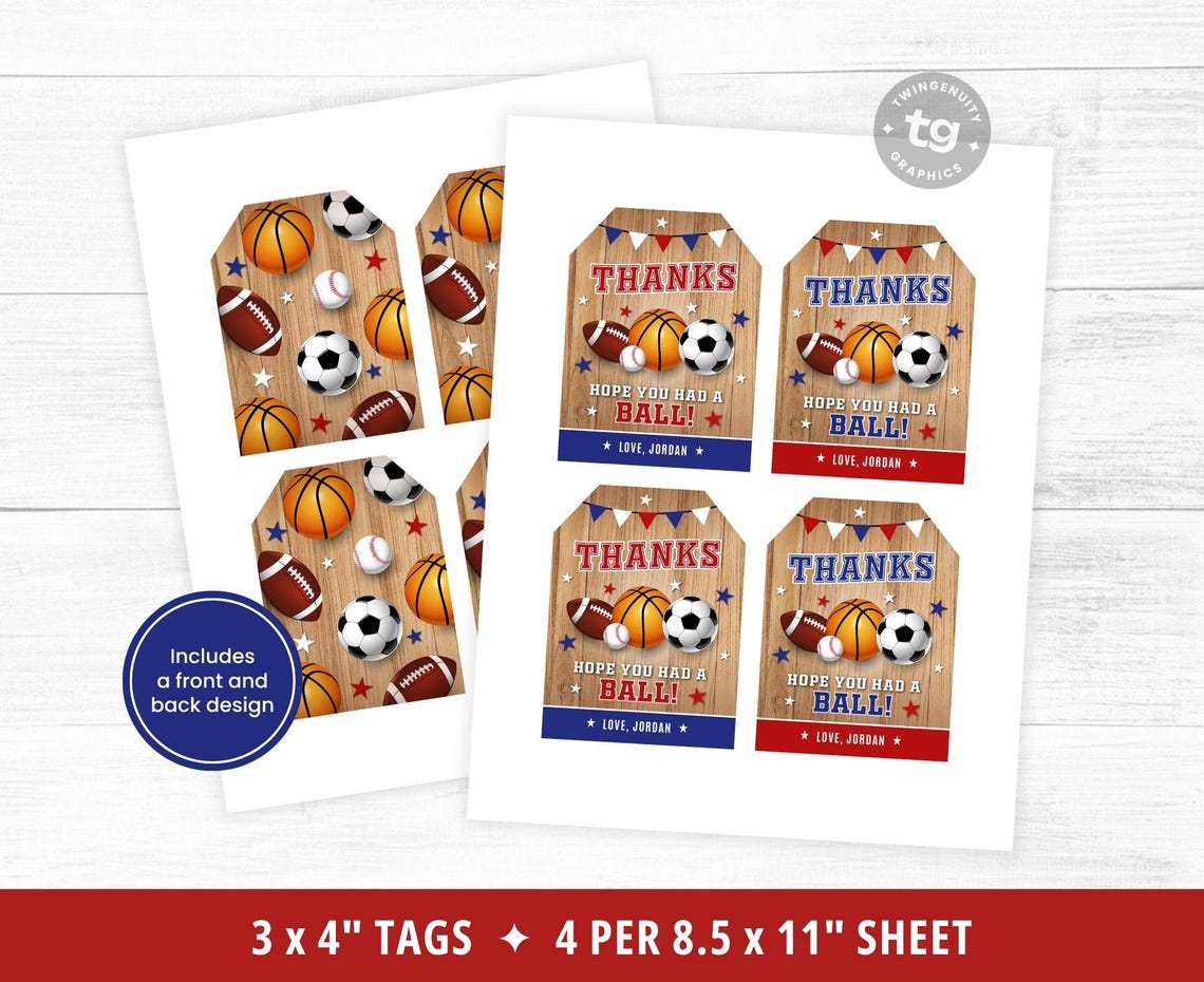 Sports Thank You Tags, Sports Favor Tags, Sports Birthday Party, Hope ...