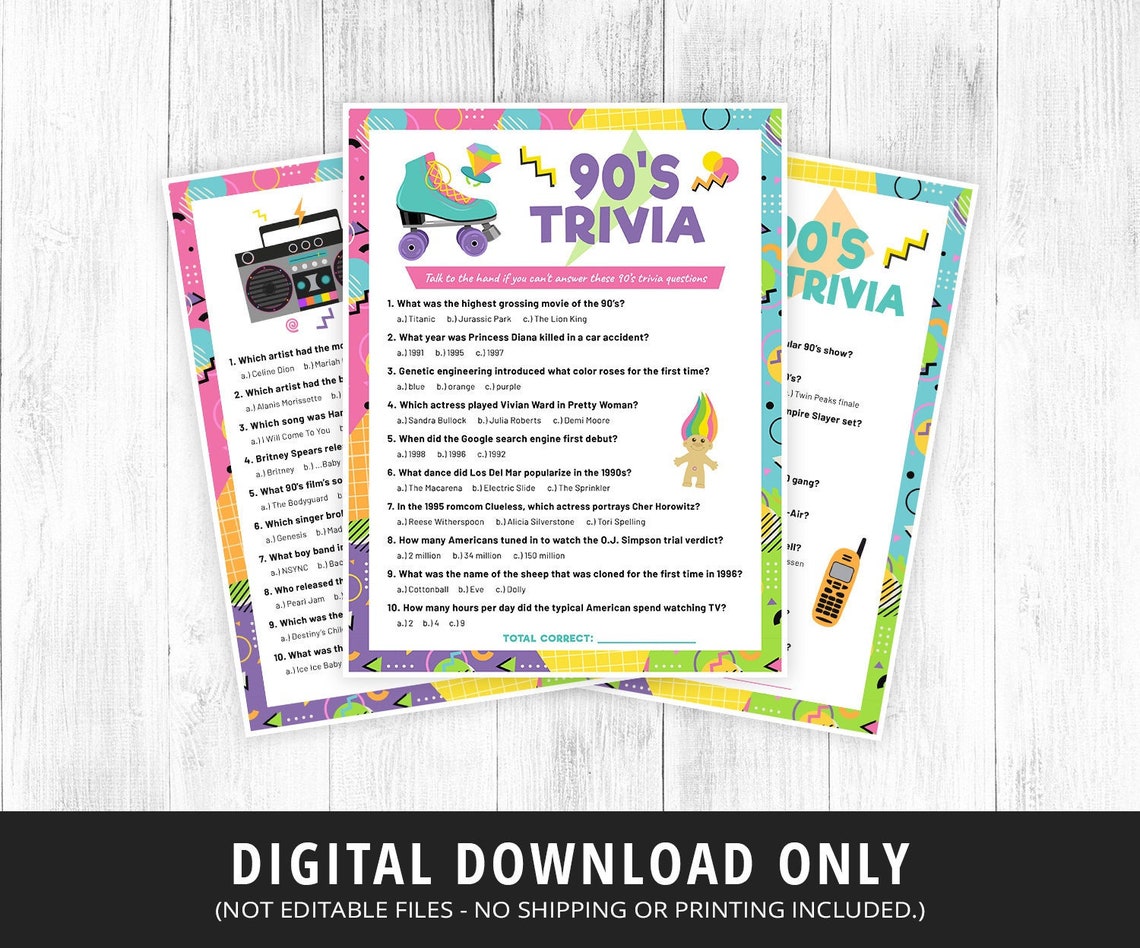 90s Trivia Games Printable, 90s Trivia Game, 90s TV Trivia, 90s Music ...