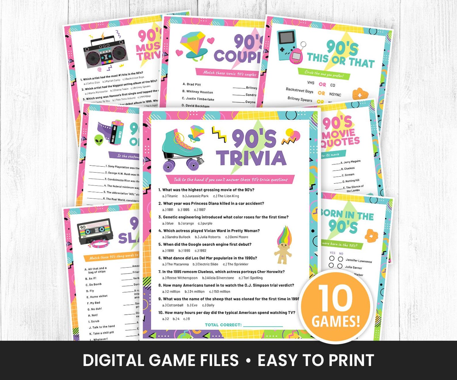 90s Games Bundle Printable, 90s Party Games, 90s Trivia, 90s Activities ...