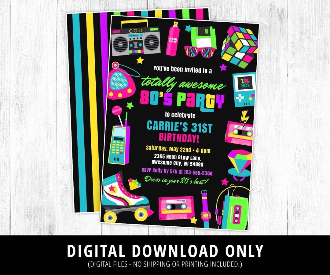 80s Birthday Invitation, 80s Party Invite, 80s Birthday Party, 80s ...