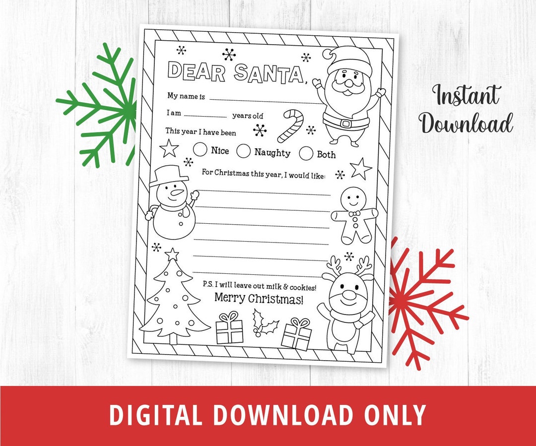Letter to Santa Coloring Page, Printable Dear Santa Letter, Christmas ...