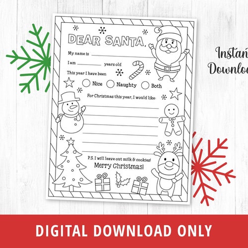 Letter to Santa Coloring Page Printable Dear Santa Letter - Etsy
