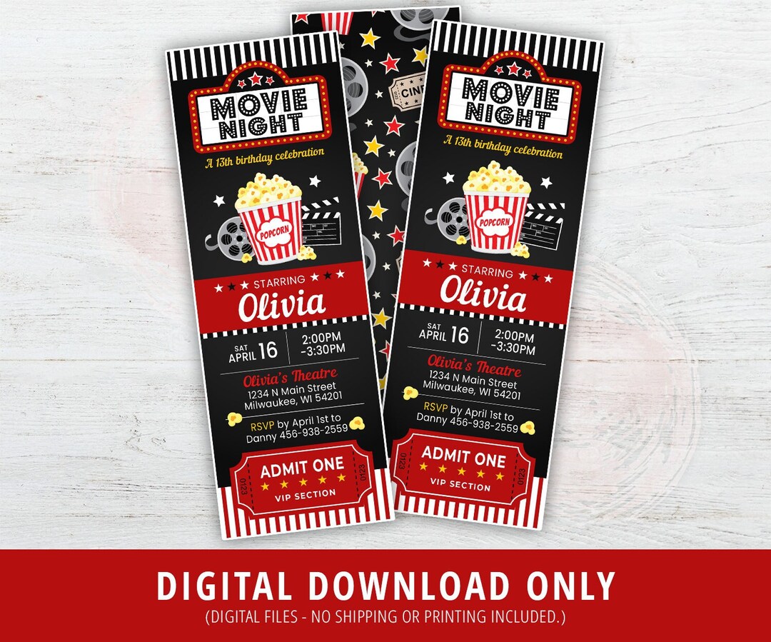 Movie Ticket Invite, Movie Night Invitation, Movie Birthday Party ...