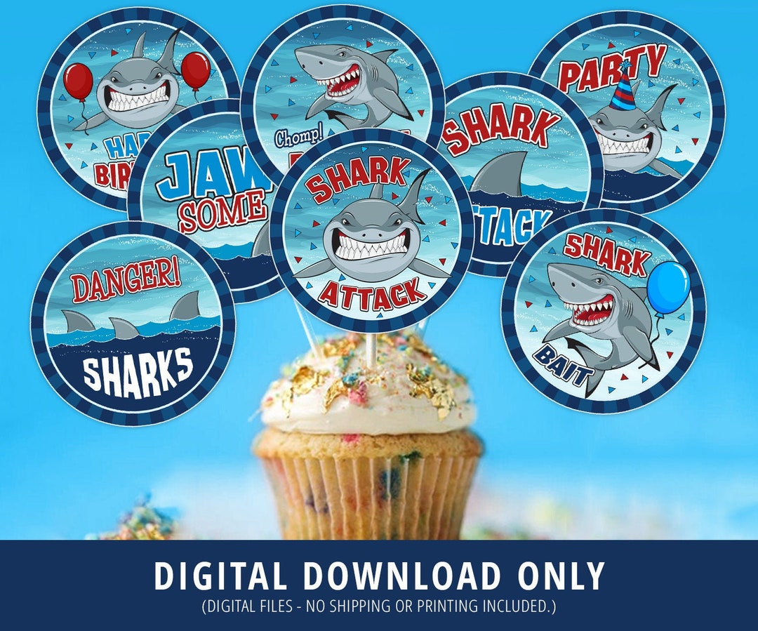 Shark Cupcake Toppers, Shark Birthday Party, Shark Party Decor, Shark ...