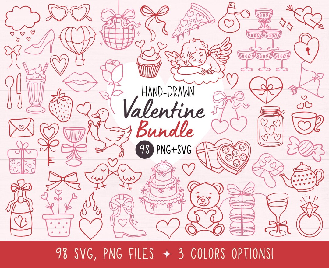Hand Drawn Valentine SVG Clipart Bundle, Coquette Doodle Valentine SVG ...