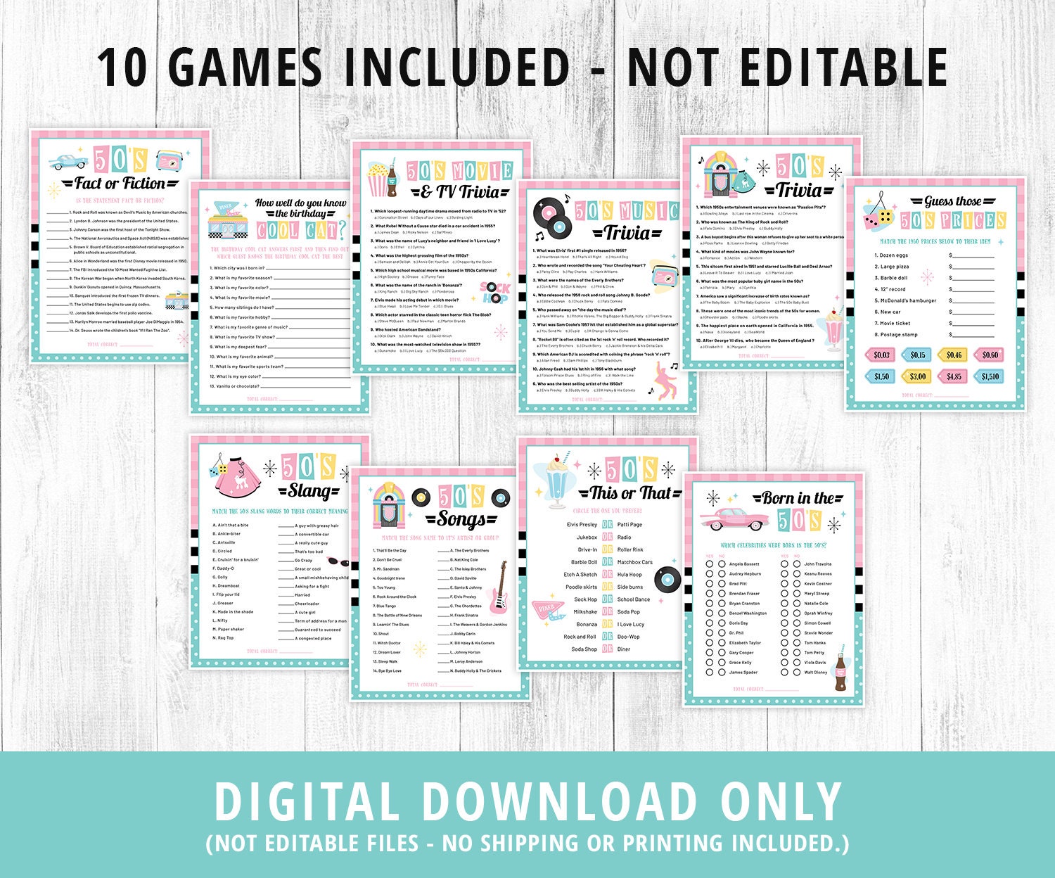 50s Games Bundle Printable 50s Activities 50s Party Games - Etsy Australia