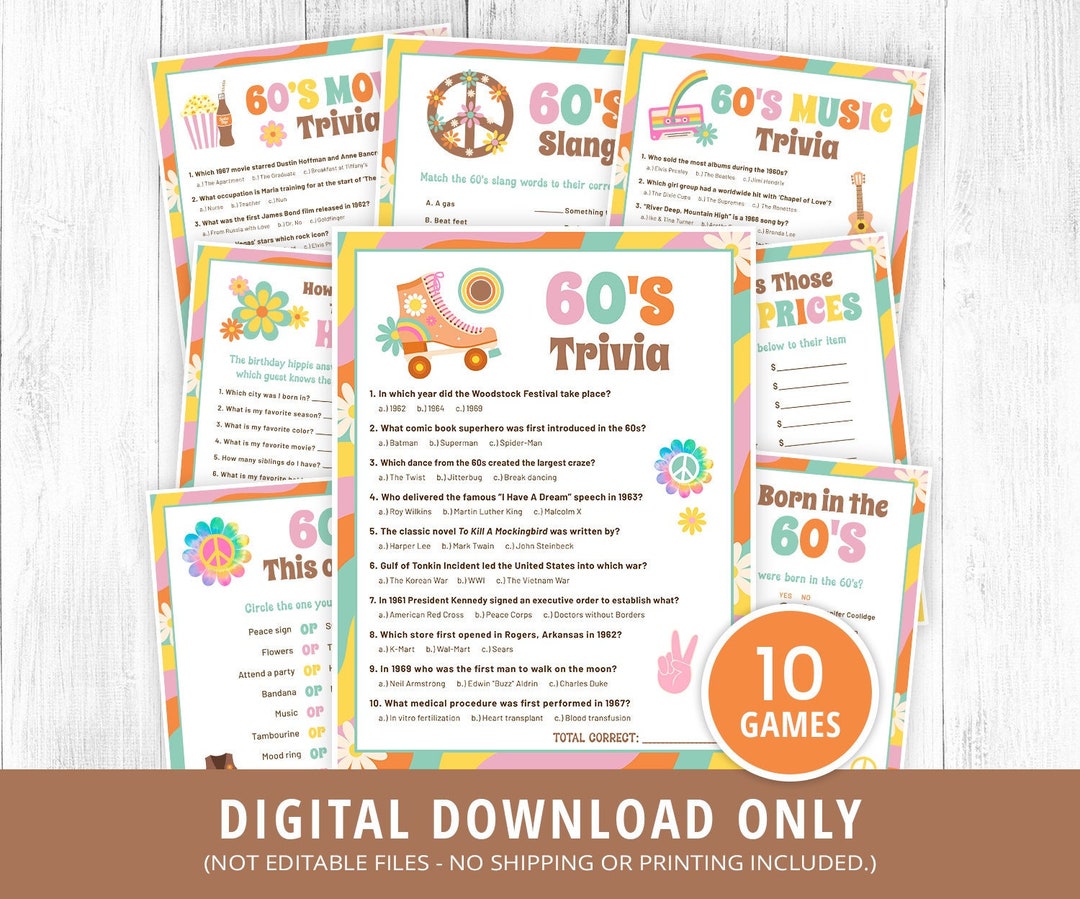 60s Games Bundle Printable, 60s Activities, 60s Party Games, 60s Trivia ...