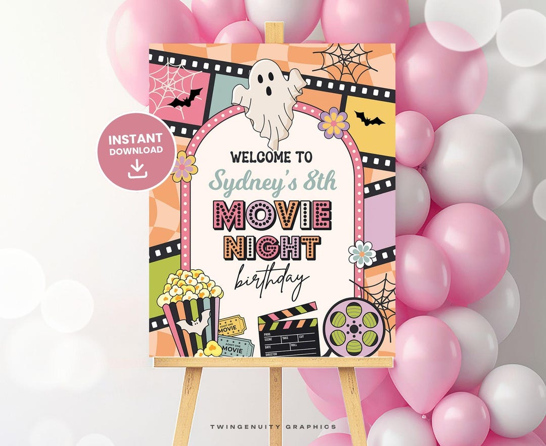 Halloween Movie Night Welcome Sign, Groovy Retro Halloween Birthday ...