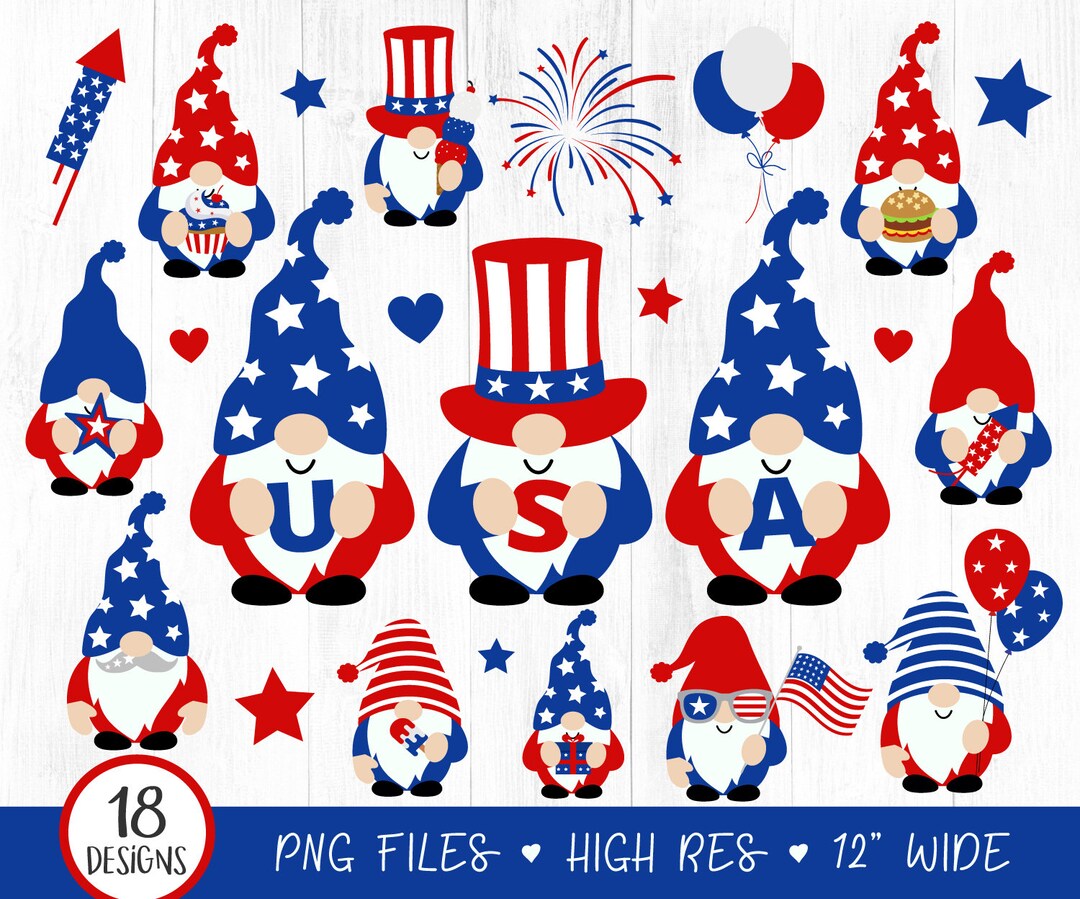 4th of July Gnomes Clipart, 4th of July Clip Art, Patriotic Gnome PNG ...