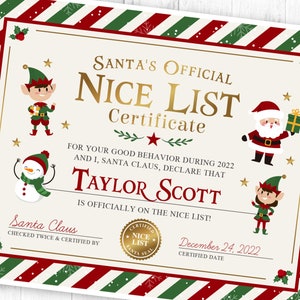Santa's Nice List Certificate, Printable Nice List Certificate, Elf ...