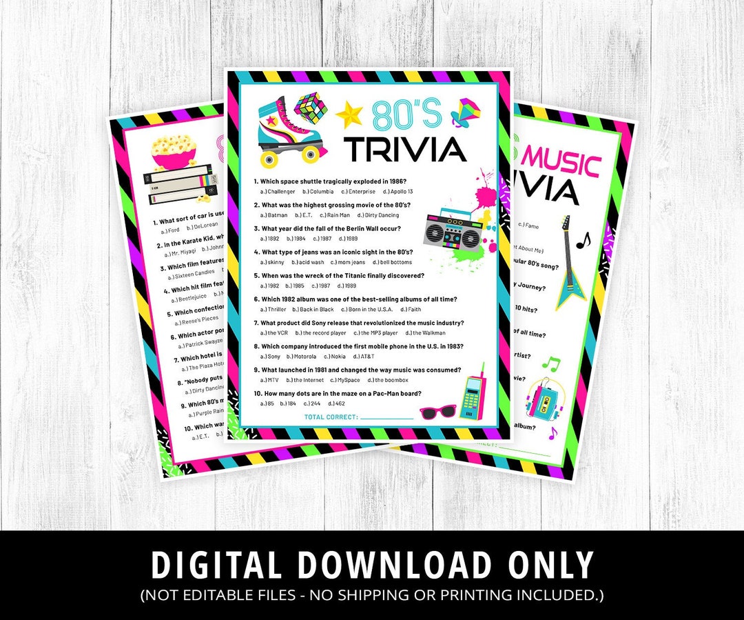 80s Trivia Games Printable, 80s Trivia Game, 80s Movie Trivia, 80s ...