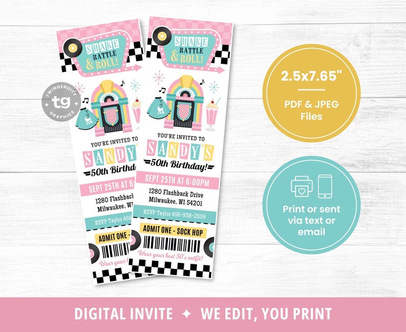 50s Ticket Invitation, 50s Sock Hop Birthday Invitation, 50s Birthday ...