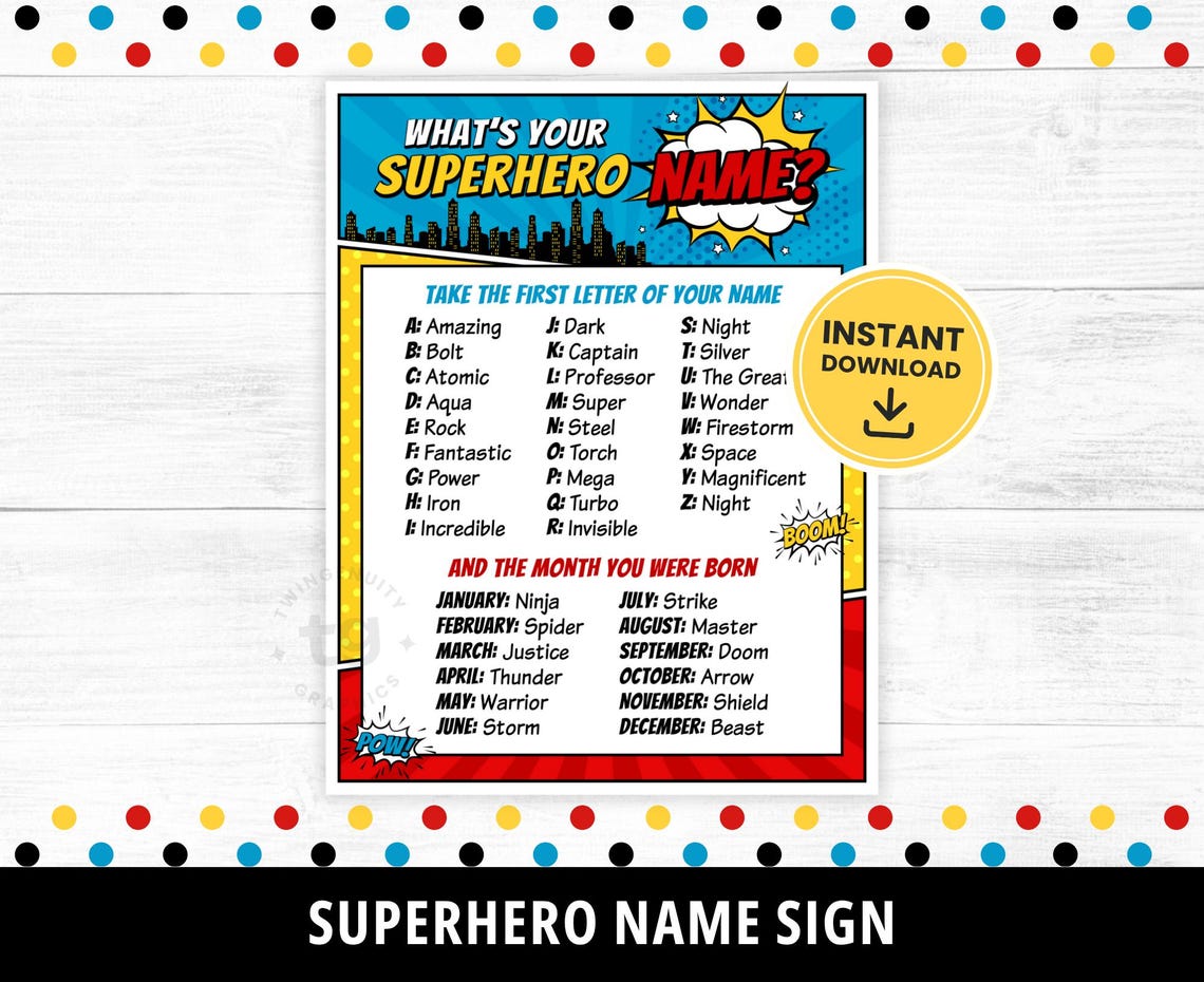 Superhero Party Sign, What's Your Superhero Name Sign, Superhero ...