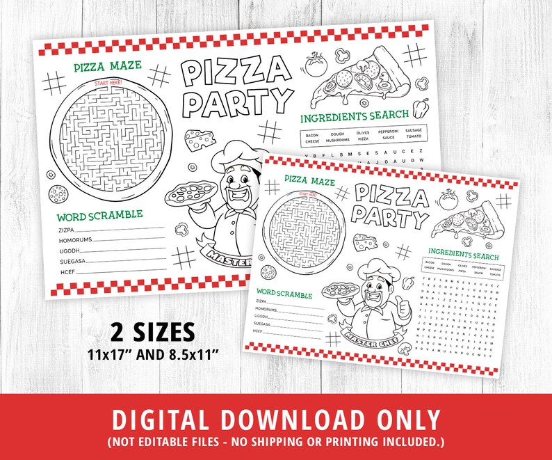 Pizza Party Placemat, Kids Pizza Coloring Placemat, Pizza Games, Pizza ...