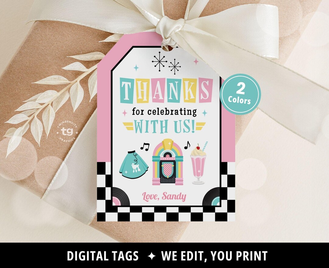 50s Retro Thank You Tags, 1950s Sock Hop Diner Favor Tags, 50s Themed ...