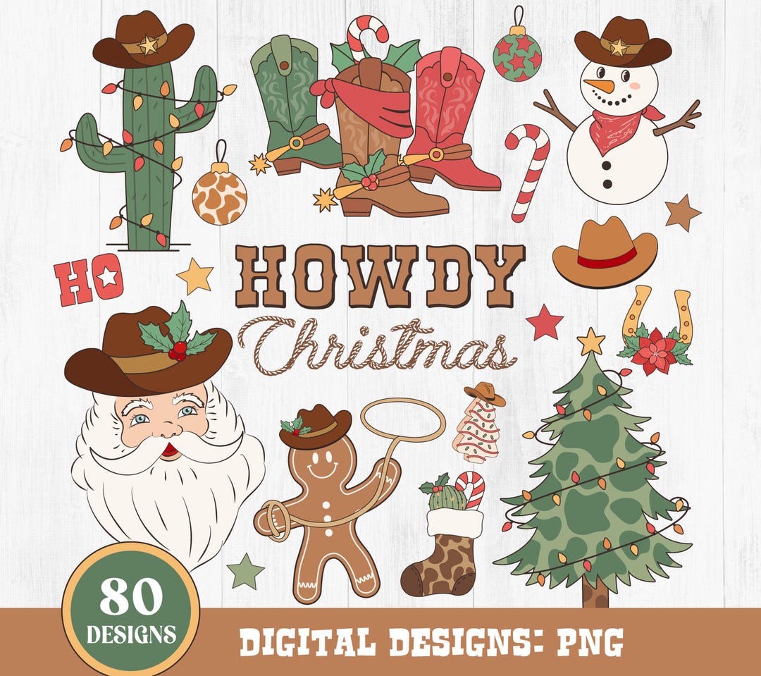 Western Christmas Clipart, Cowboy Santa, Howdy, Retro Western Holiday ...