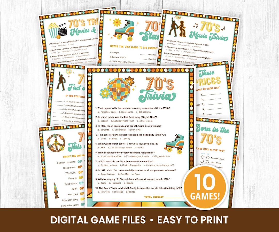 70s Games Bundle Printable, 70s Activities, 70s Party Games, 70s Trivia ...