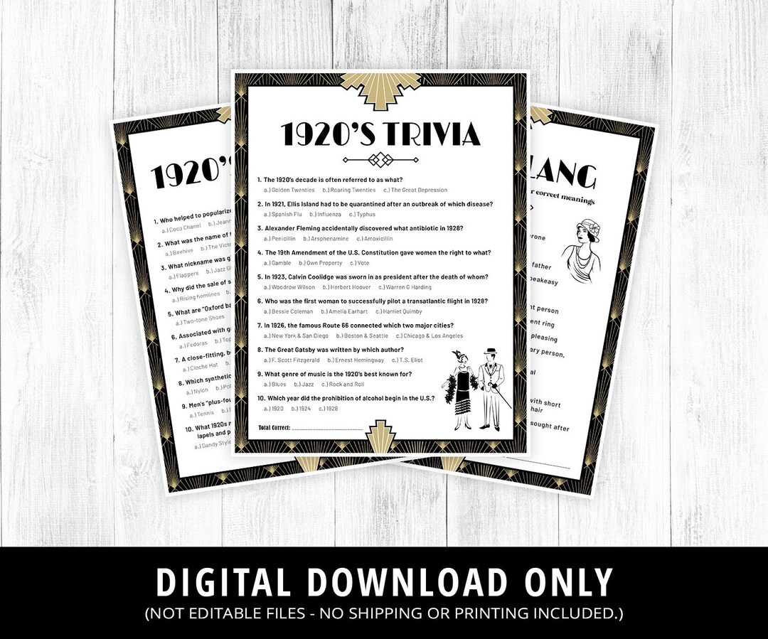 20s Trivia Games Printable, 1920s Trivia Game, 20s Fashion Trivia ...