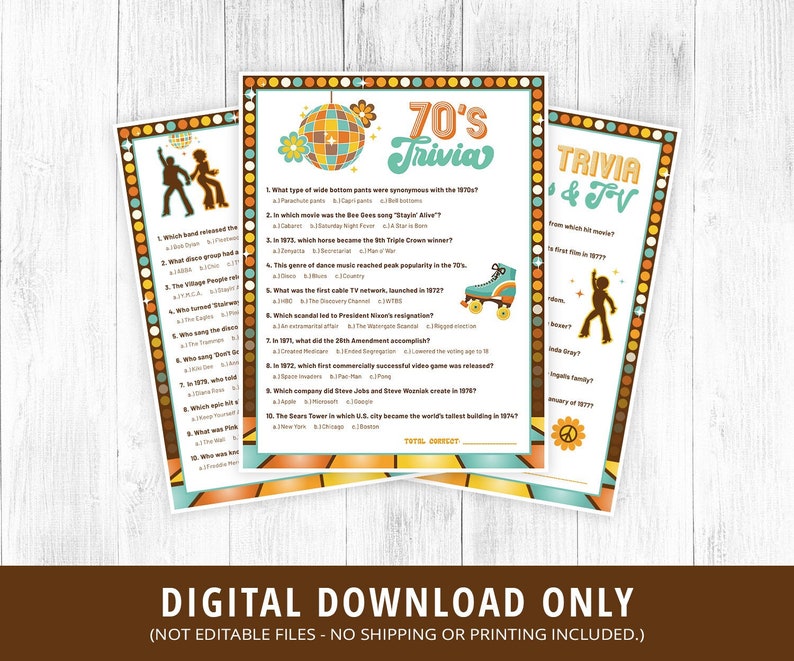 70s Trivia Games Printable, 70s Trivia Game, 70s TV Trivia, 70s Music ...