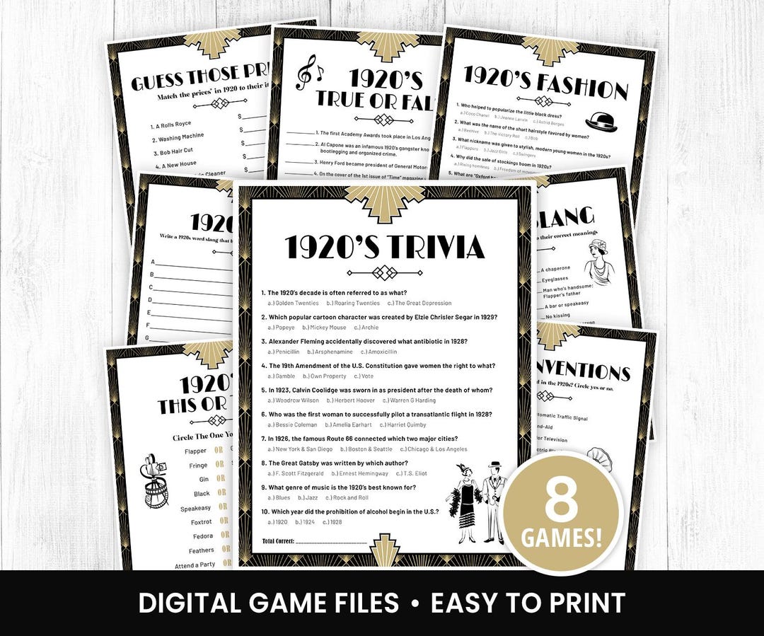 1920s Games Bundle Printable, 1920s Trivia, 1920s Activities, 1920s ...
