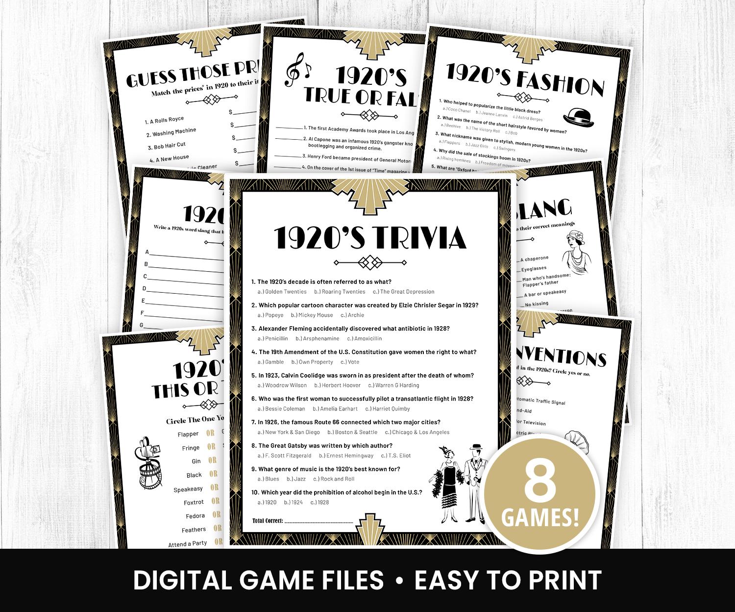 1920s Games Bundle Printable, 1920s Trivia, 1920s Activities, 1920s ...