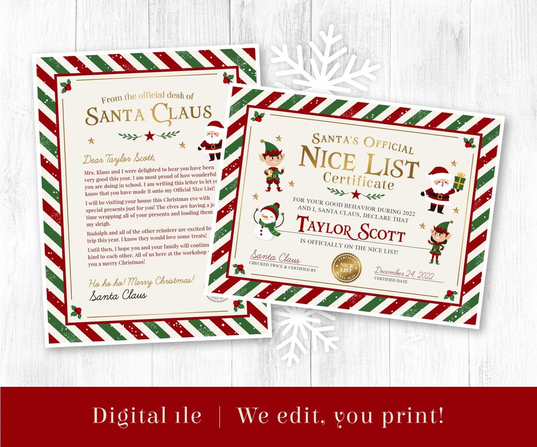 Santa Letter and Nice List Certificate, Approved Letter From Santa ...