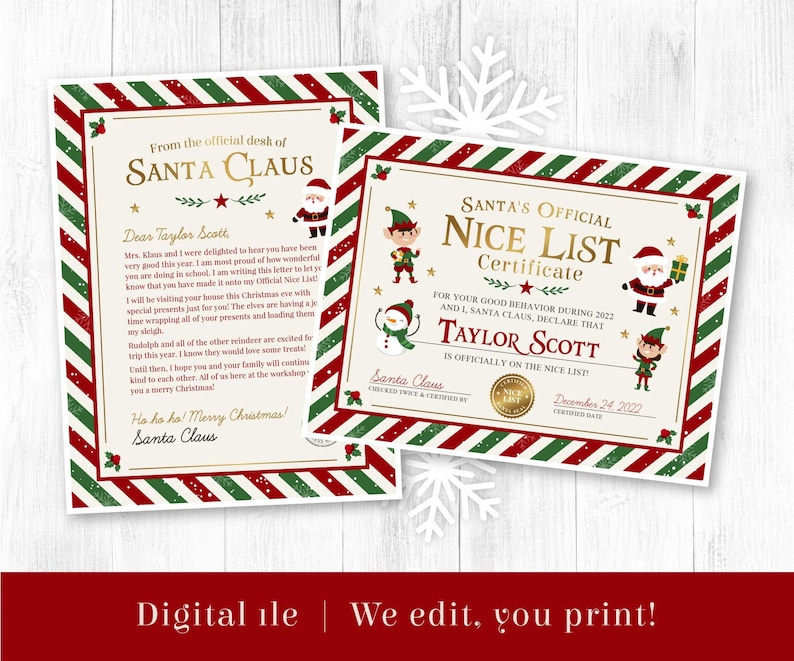 Santa Letter and Nice List Certificate Approved Letter From - Etsy
