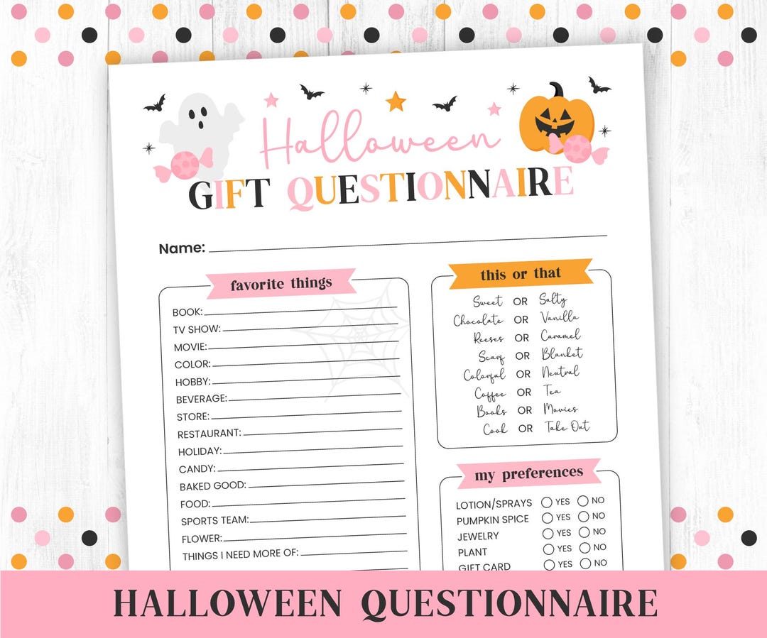 Halloween Gift Exchange Questionnaire, Printable Pink Favorite Things ...