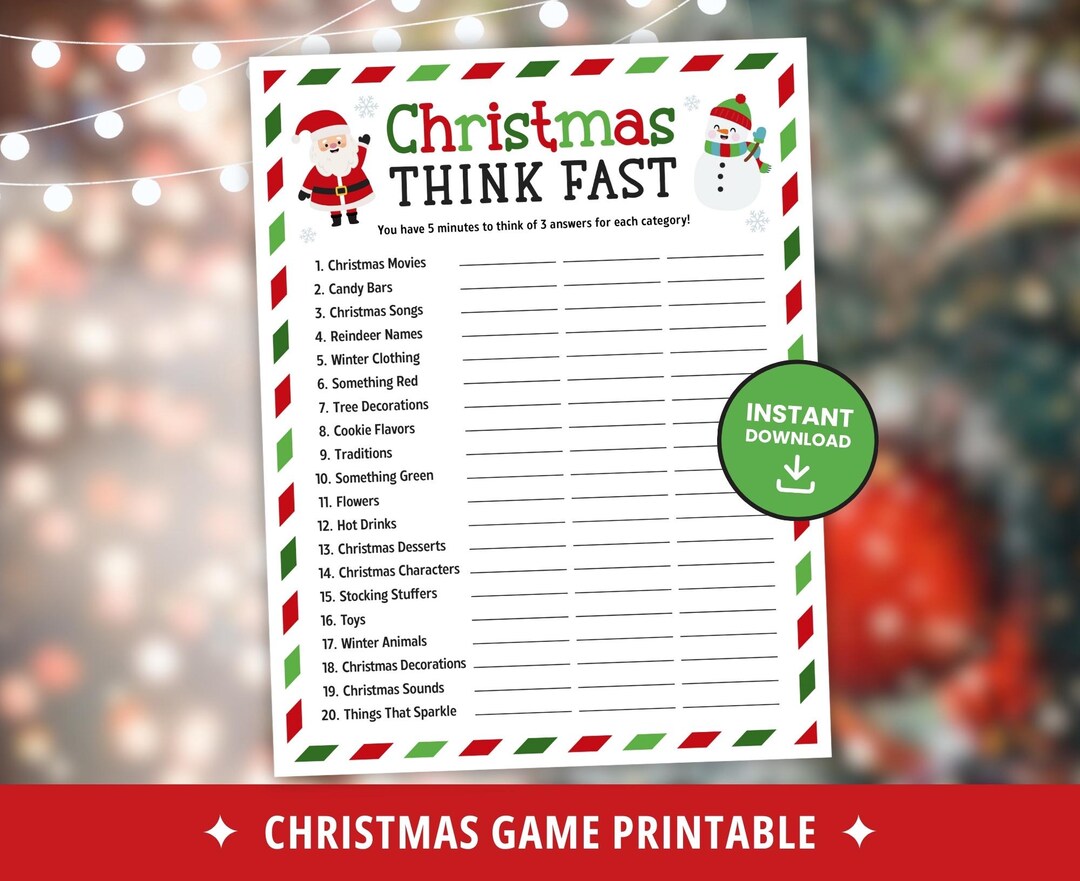 Christmas Game, Think Fast Game Printable for Kid Adults, Office Party ...
