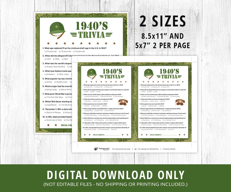 1940s Trivia Games Printable, 1940s Trivia Game, 1940s True or False ...