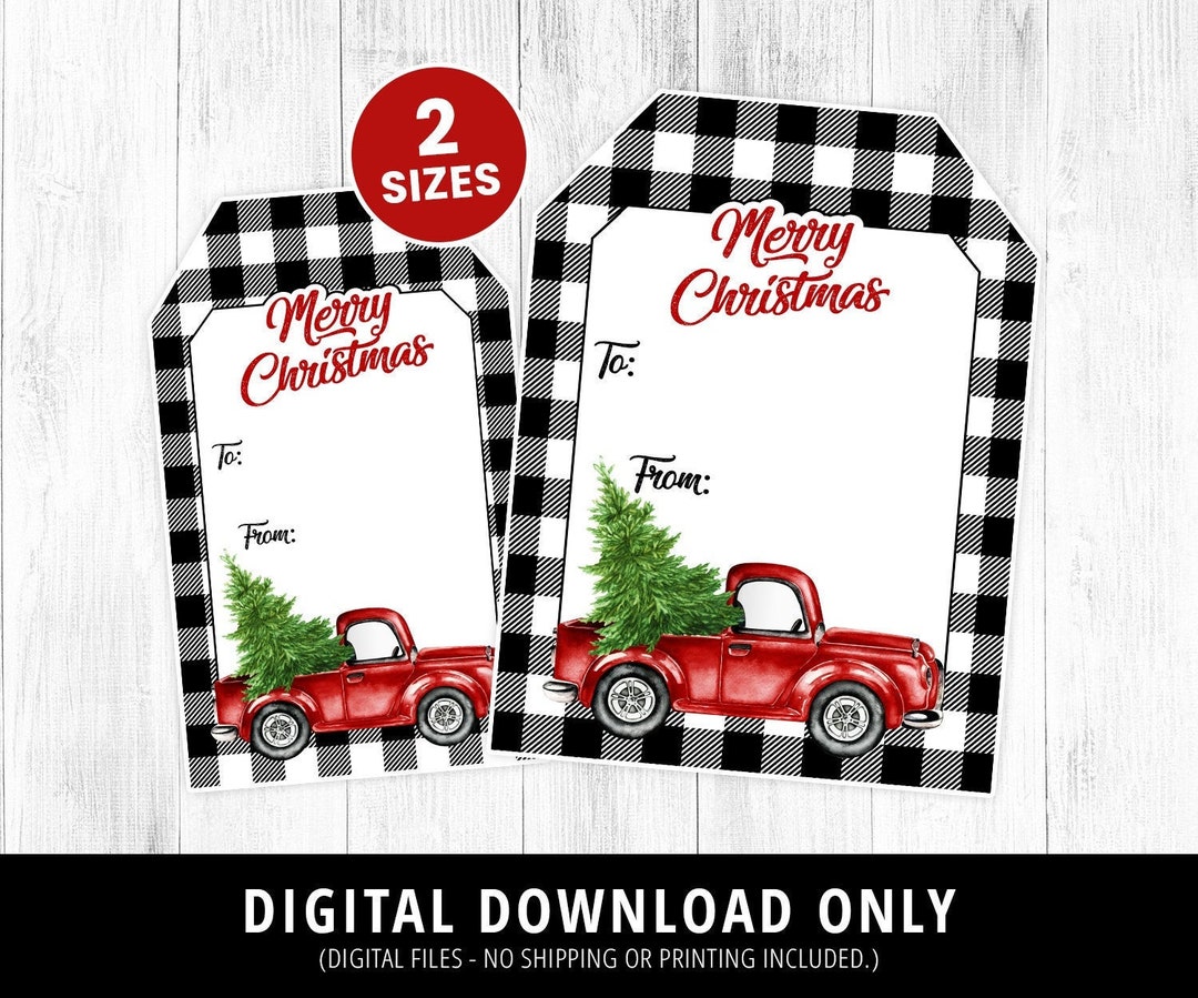 Christmas Red Truck Gift Tags, Christmas Gift Tag, Black and White ...