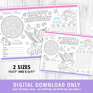 Unicorn Placemat, Kids Unicorn Coloring Placemat, Unicorn Games ...