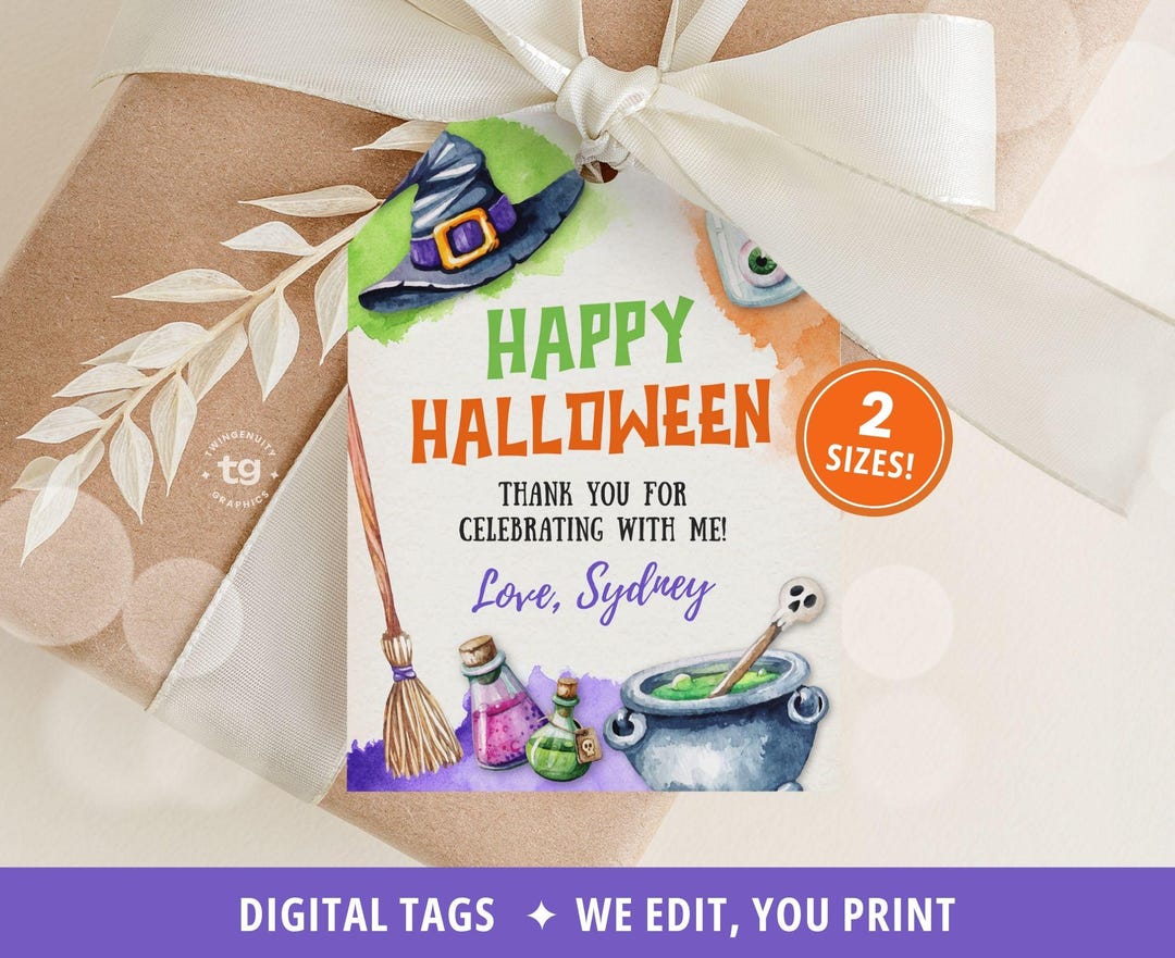 Printable Halloween Favor Tags, Witch Halloween Gift Tag, Watercolor ...