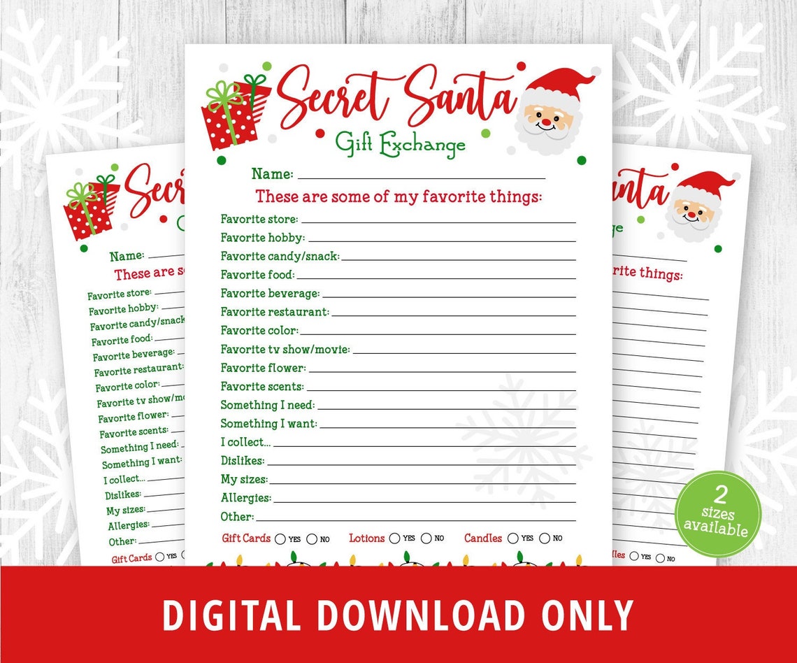 Secret Santa Gift Exchange Printable Gift Questionnaire - Etsy