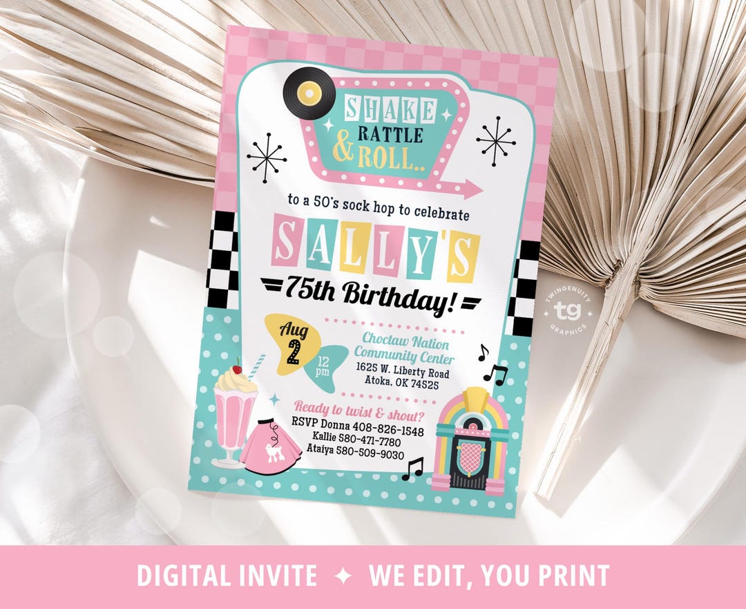 50s Birthday Invitation, 50s Sock Hop Party Invite, 50s Birthday Party ...