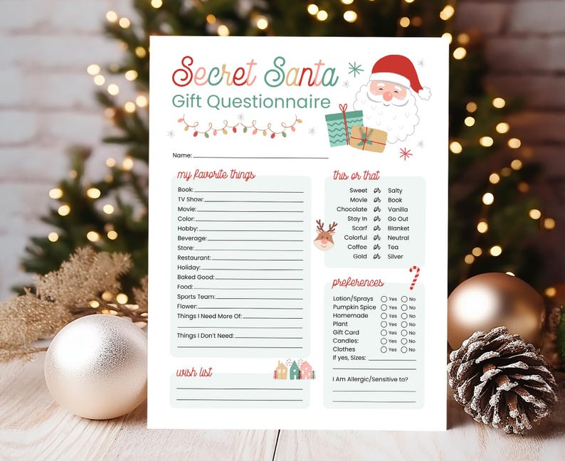 Secret Santa Gift Questionnaire Printable, Christmas Gift List of ...