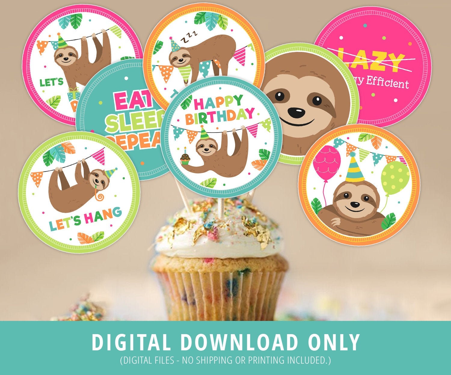 Sloth Cupcake Toppers Sloth Birthday Decor Sloths Let's - Etsy
