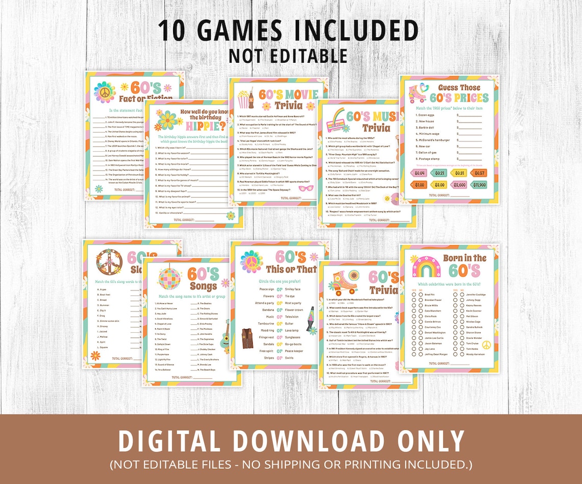 60s Games Bundle Printable, 60s Activities, 60s Party Games, 60s Trivia ...