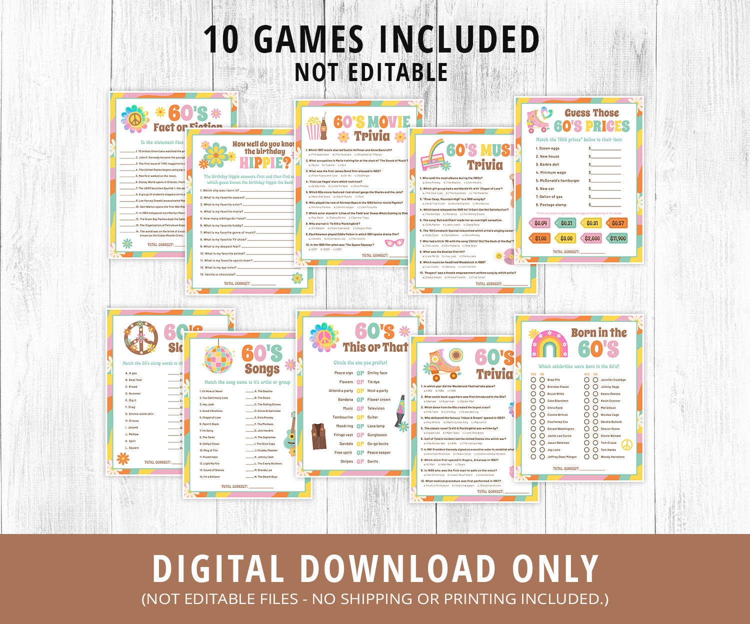 60s Games Bundle Printable, 60s Activities, 60s Party Games, 60s Trivia ...