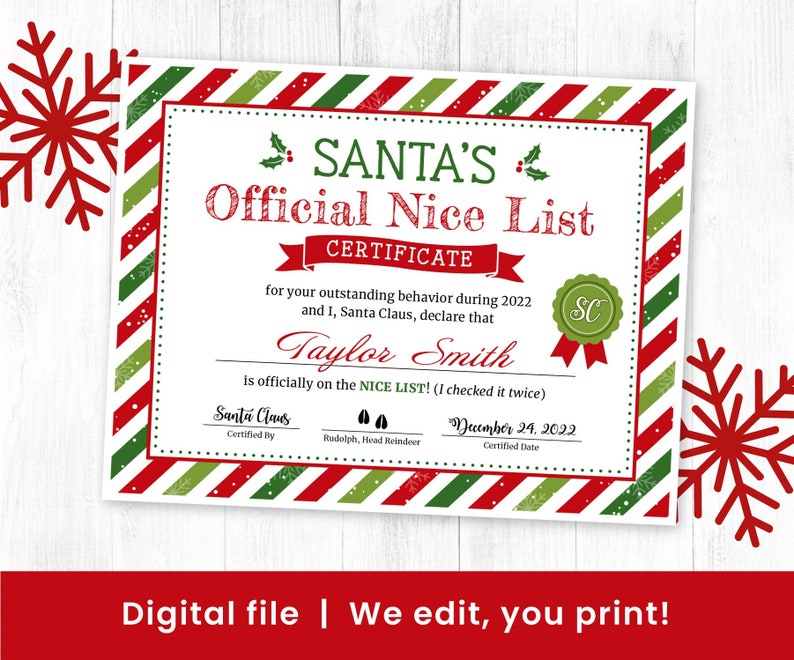 Santa's Nice List Certificate Printable Official Nice - Etsy