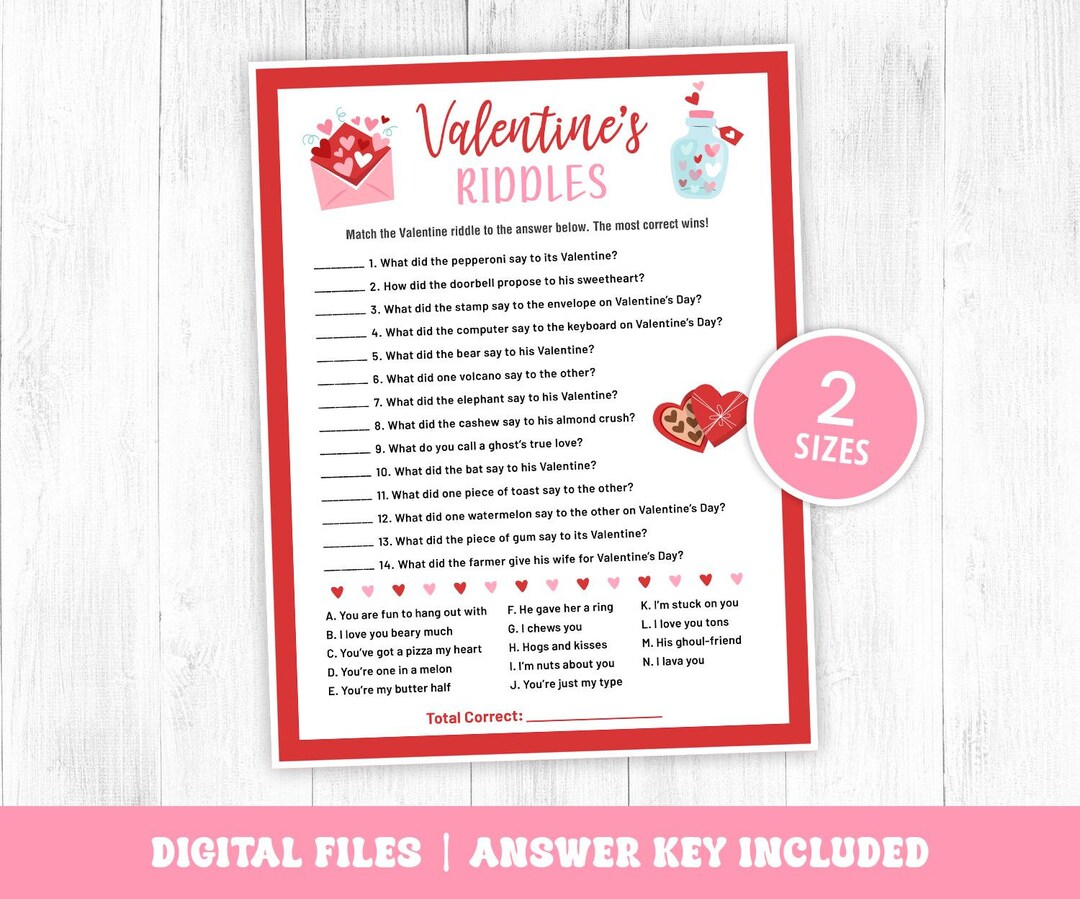 Valentine's Day Riddles Game, Valentine's Party Game, Printable ...