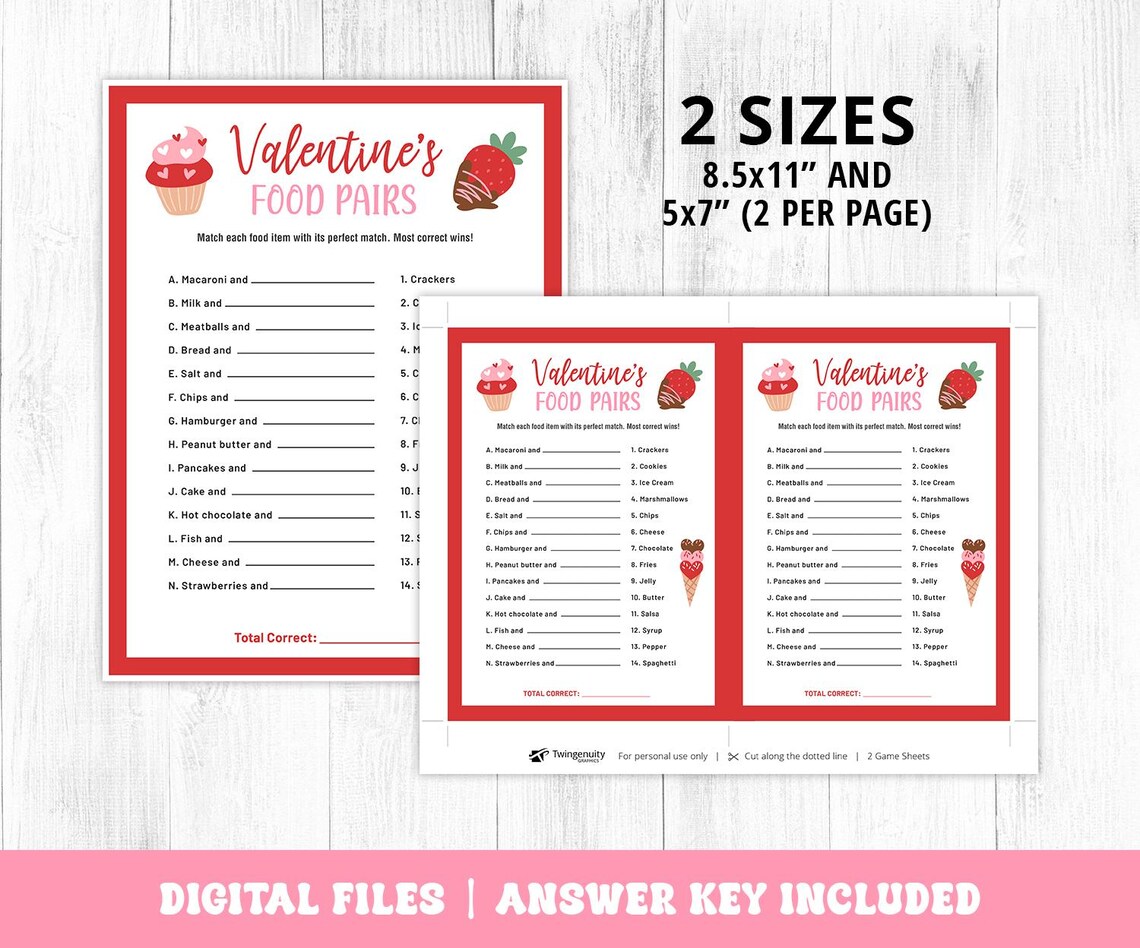 Valentine's Day Food Pairs Game, Valentine's Party Games, Valentines ...