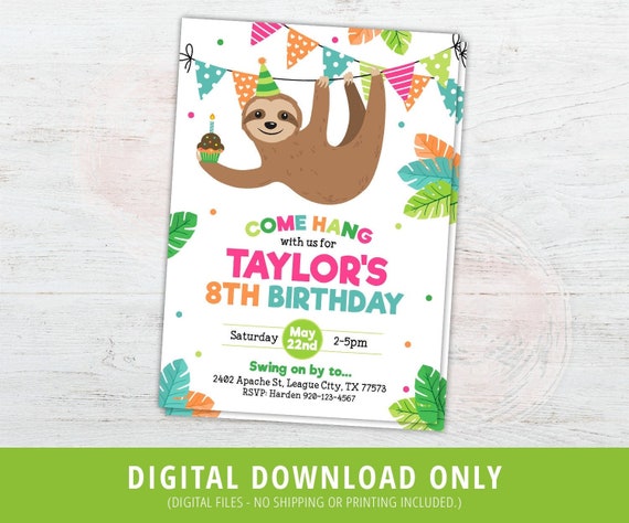 Sloth Birthday Invitation Sloth Invitation Sloth Party - Etsy