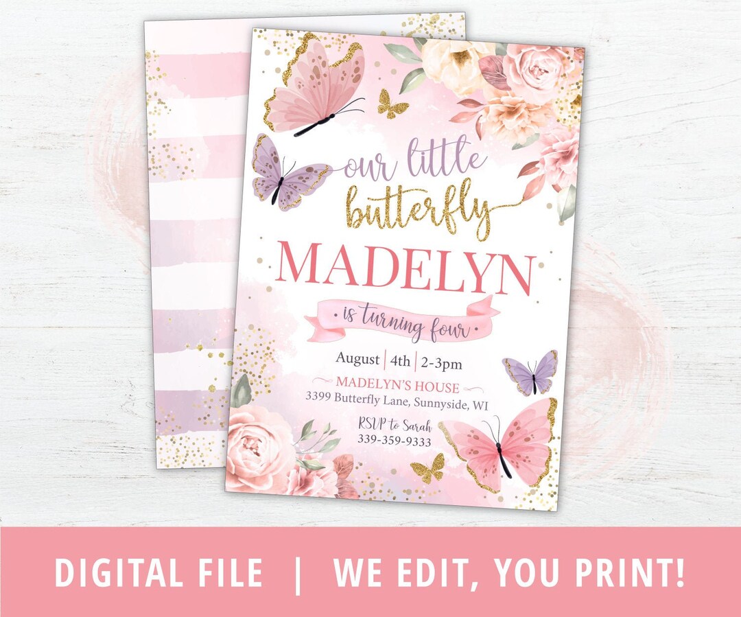 Butterfly Birthday Invitation Girl, First Birthday Invite, Watercolor ...