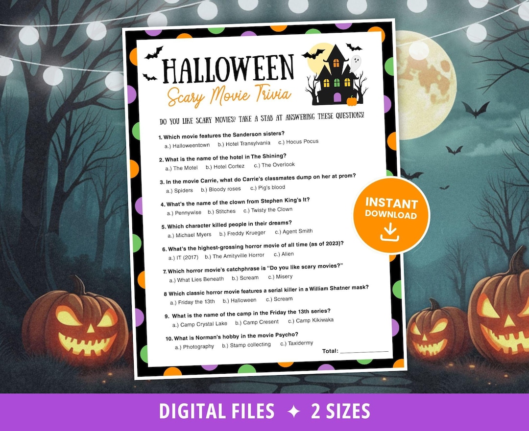 Printable Halloween Scary Movie Trivia Game, Horror Movie Trivia Game ...