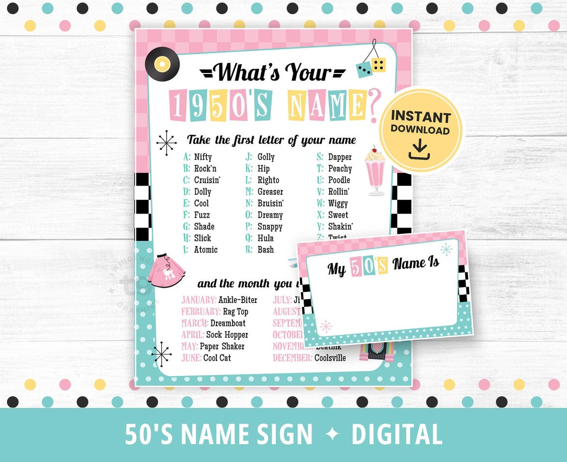 50s Party Sign, What's Your 50s Name Sign, 50s Birthday Theme, 1950s ...