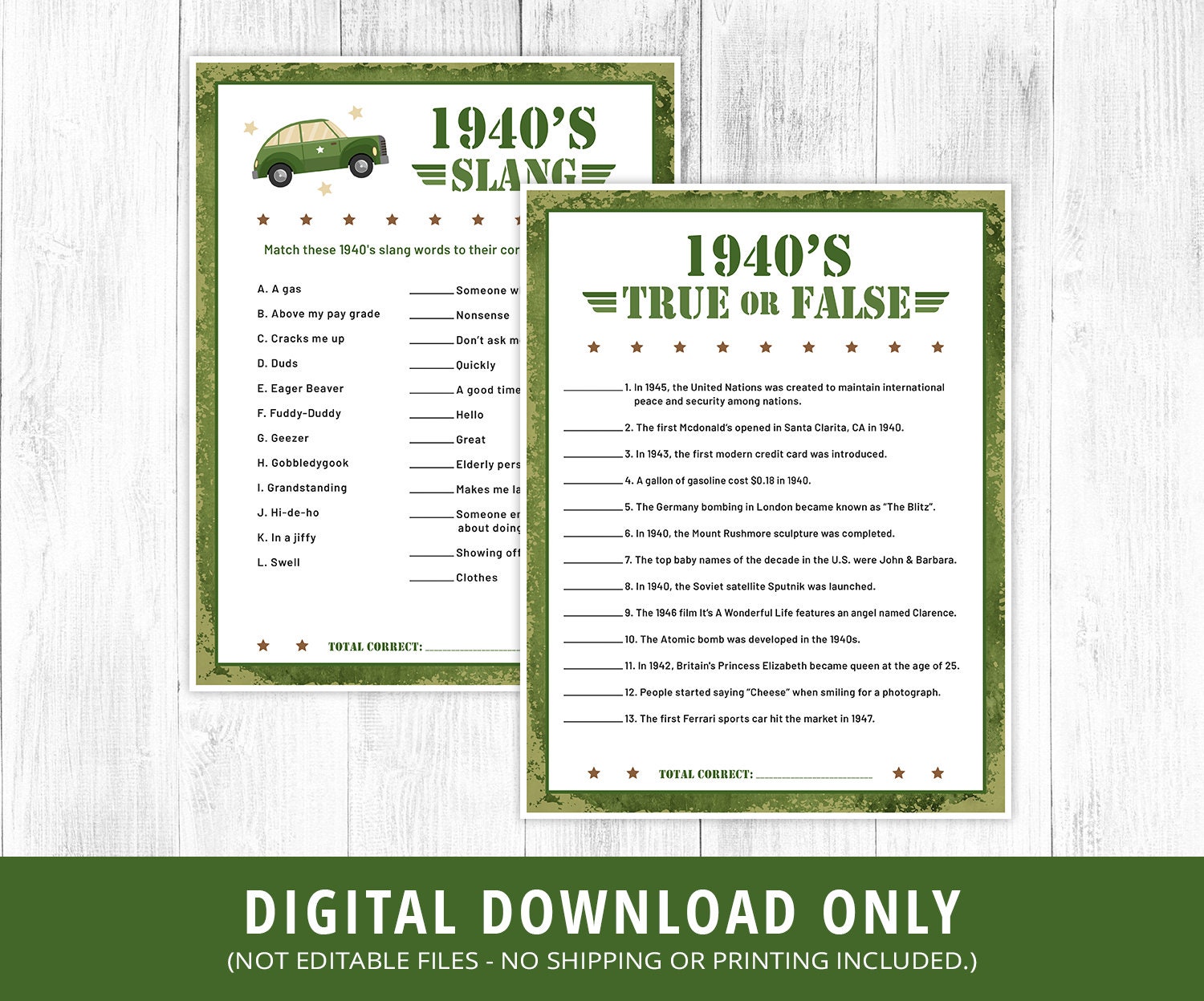 1940s Trivia Games Printable, 1940s Trivia Game, 1940s True or False ...